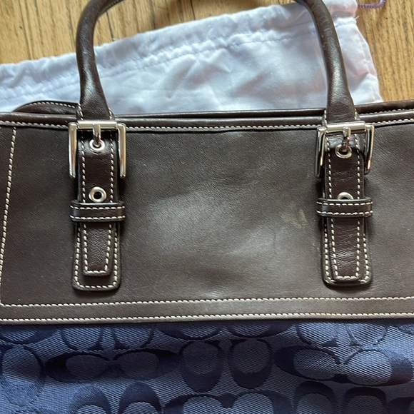 Coach | Bags | Signature Blue Coach Fabric Pocketbook With Brown ...